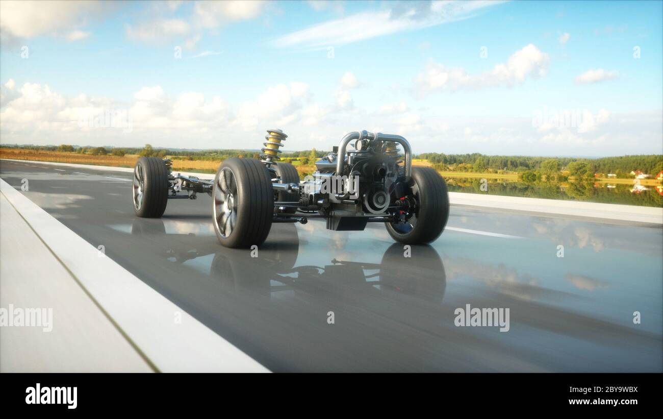 Car chassis with engine on highway. Very fast driving. Auto concept. 3d ...