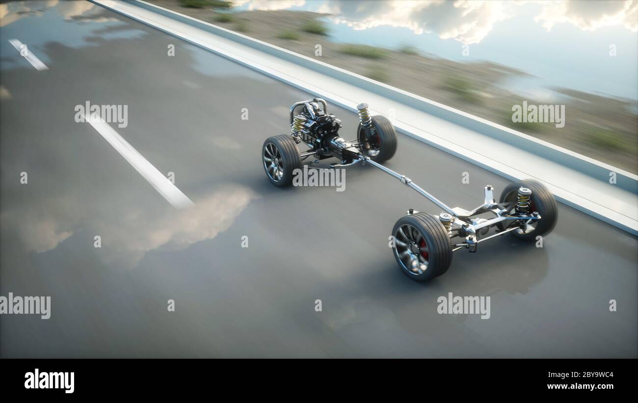 Car chassis with engine on highway. Very fast driving. Auto concept. 3d ...