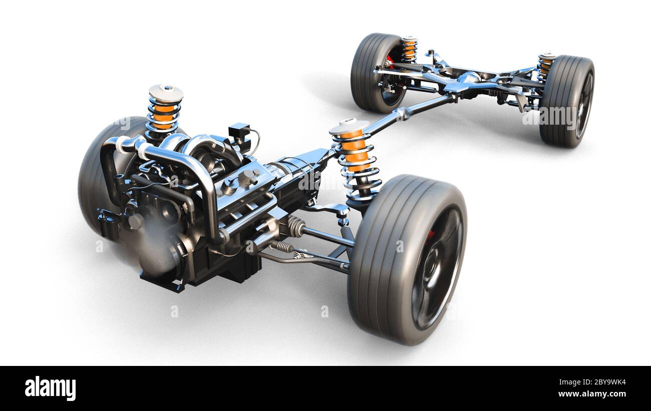 Car chassis with engine on white isolate. 3d rendering Stock Photo - Alamy
