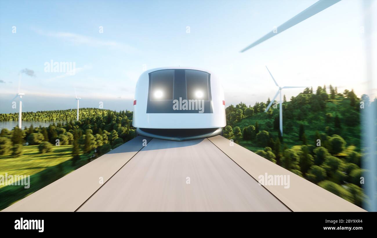 futuristic, modern Maglev train passing on mono rail. Ecological future ...