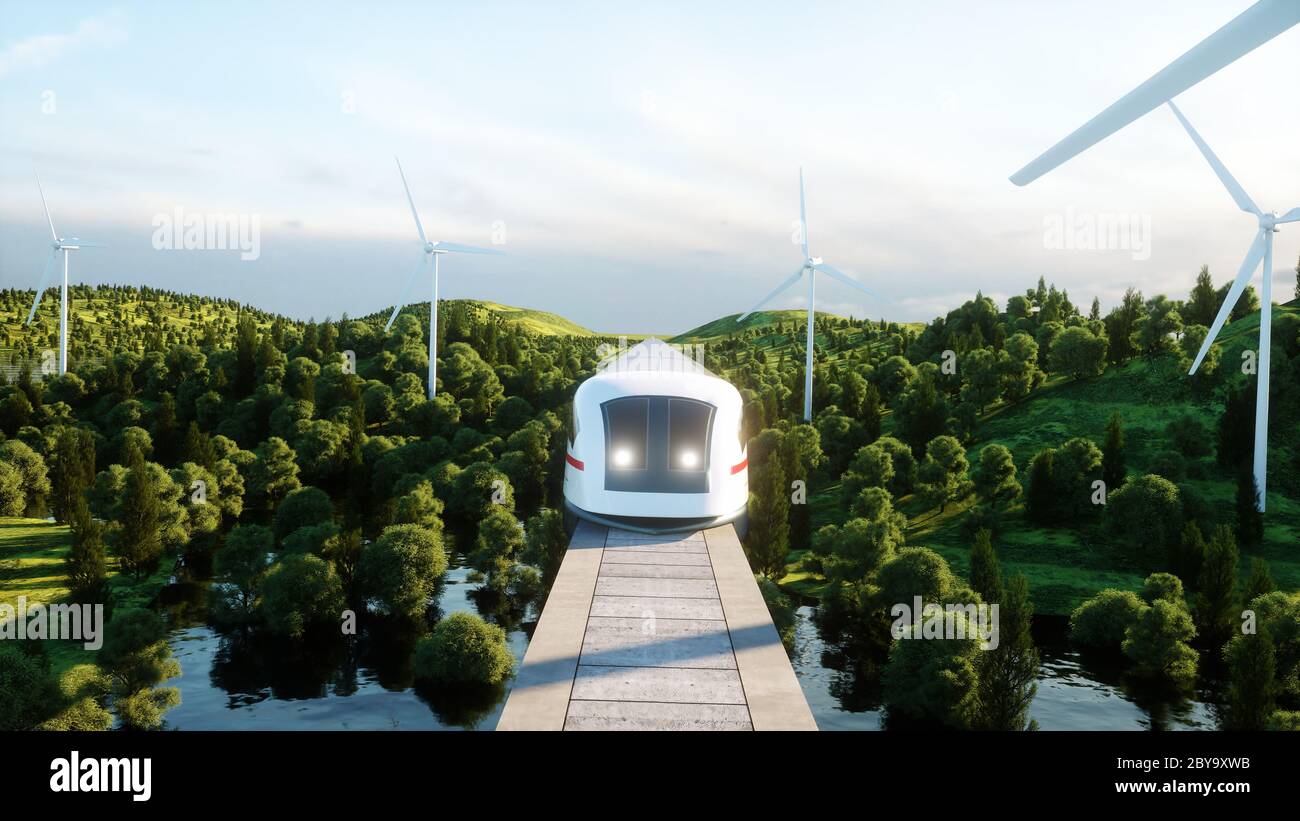 futuristic, modern Maglev train passing on mono rail. Ecological future ...