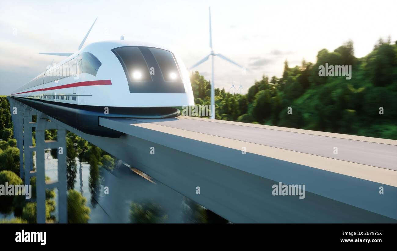 futuristic, modern Maglev train passing on mono rail. Ecological future ...