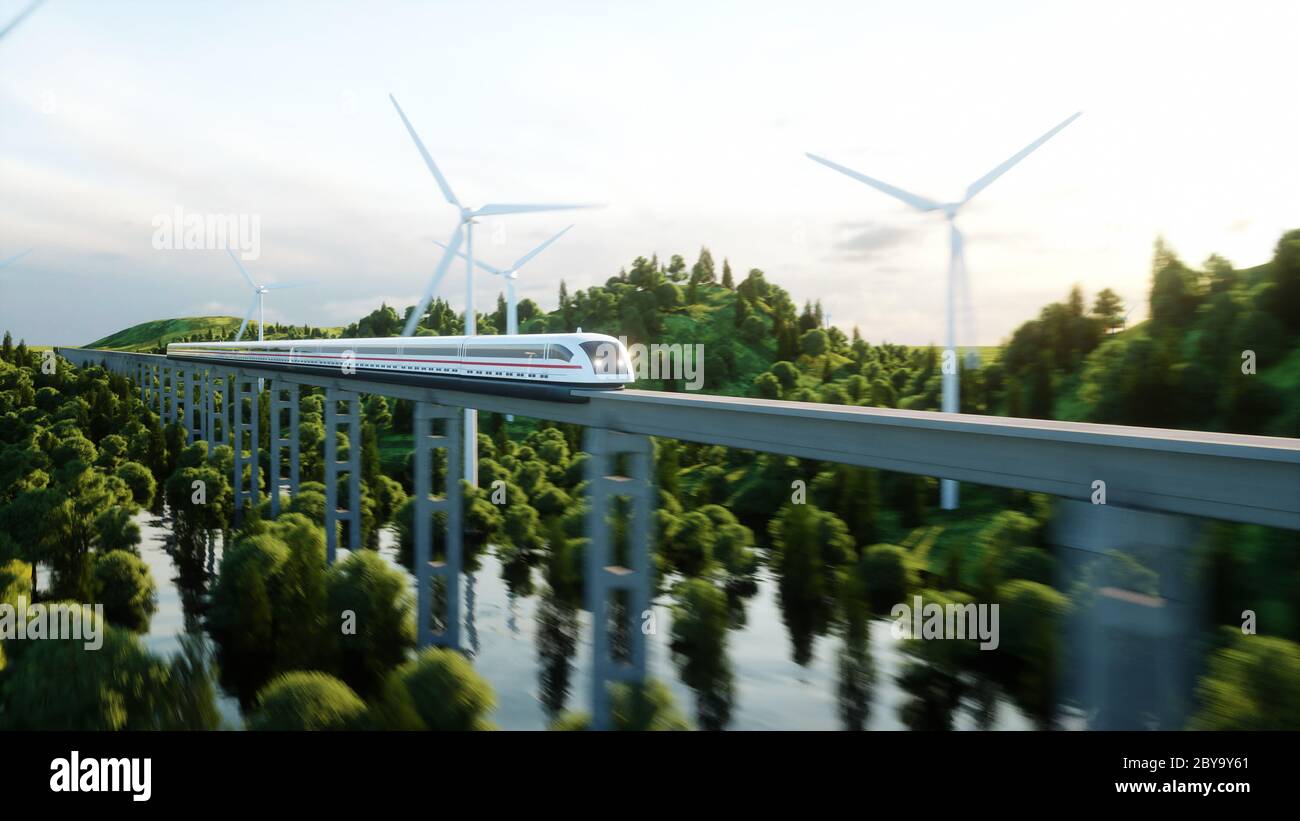 futuristic, modern Maglev train passing on mono rail. Ecological future ...