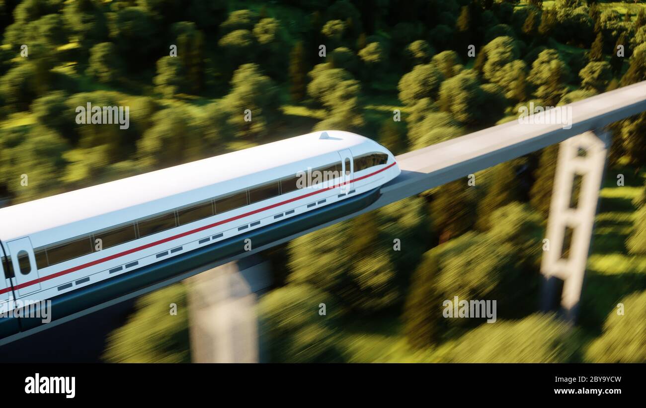 futuristic, modern Maglev train passing on mono rail. Ecological future ...