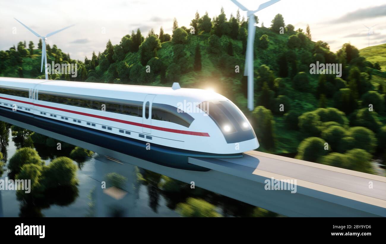 futuristic, modern Maglev train passing on mono rail. Ecological future ...