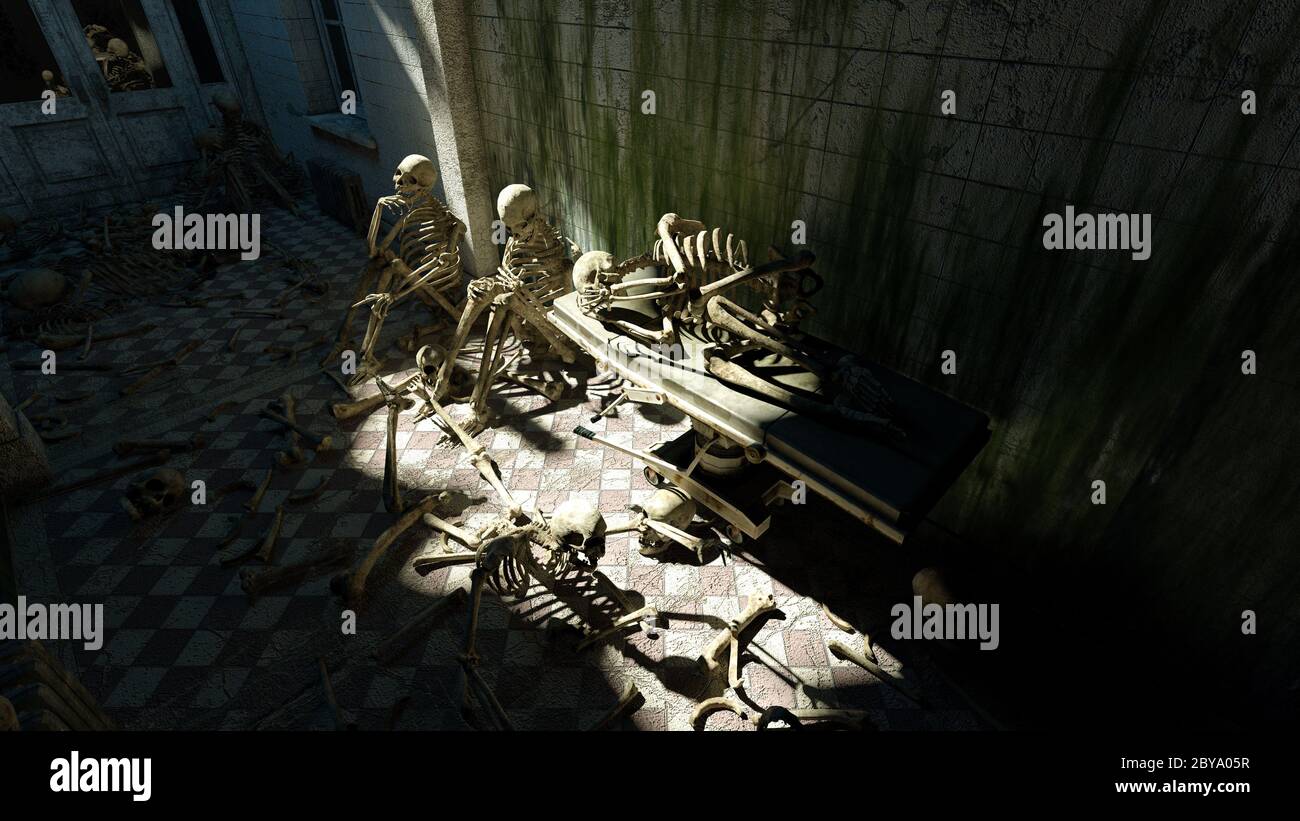 Scary skeletons in old hospital, morgue. Apocalypse horror concept. 3d ...