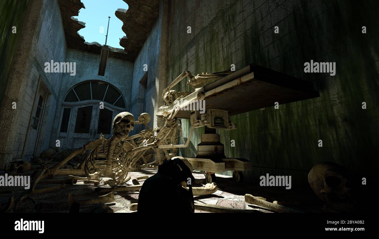 Scary skeletons in old hospital, morgue. Apocalypse horror concept. 3d ...
