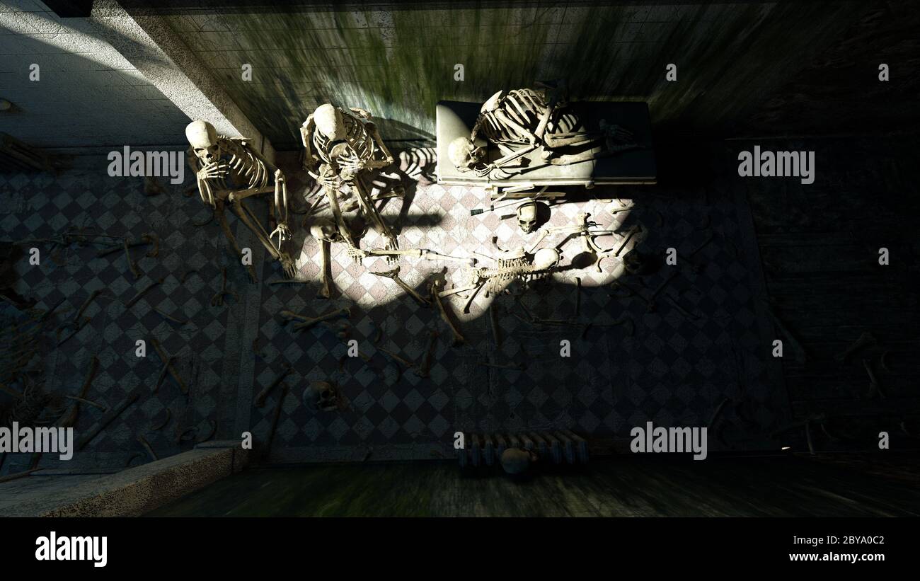 Scary skeletons in old hospital, morgue. Apocalypse horror concept. 3d ...
