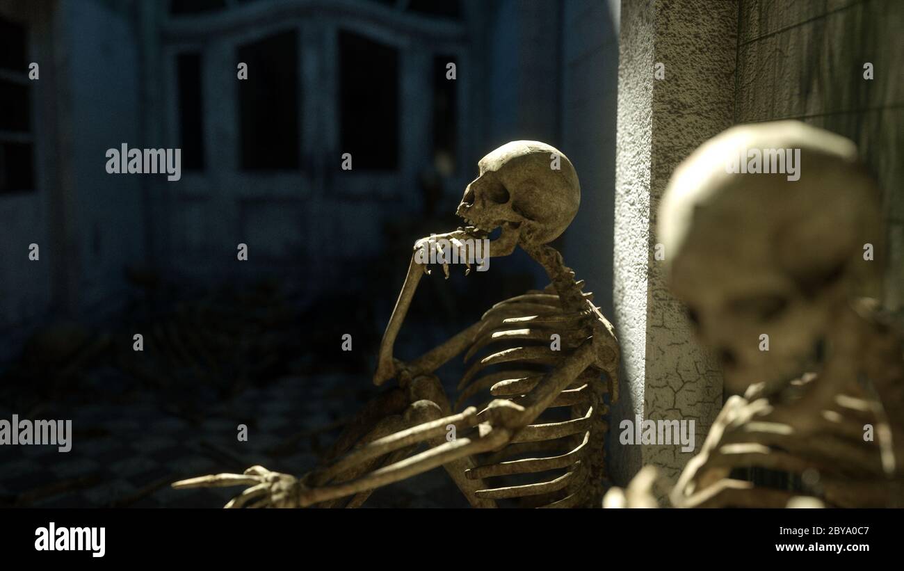 Scary skeletons in old hospital, morgue. Apocalypse horror concept. 3d ...