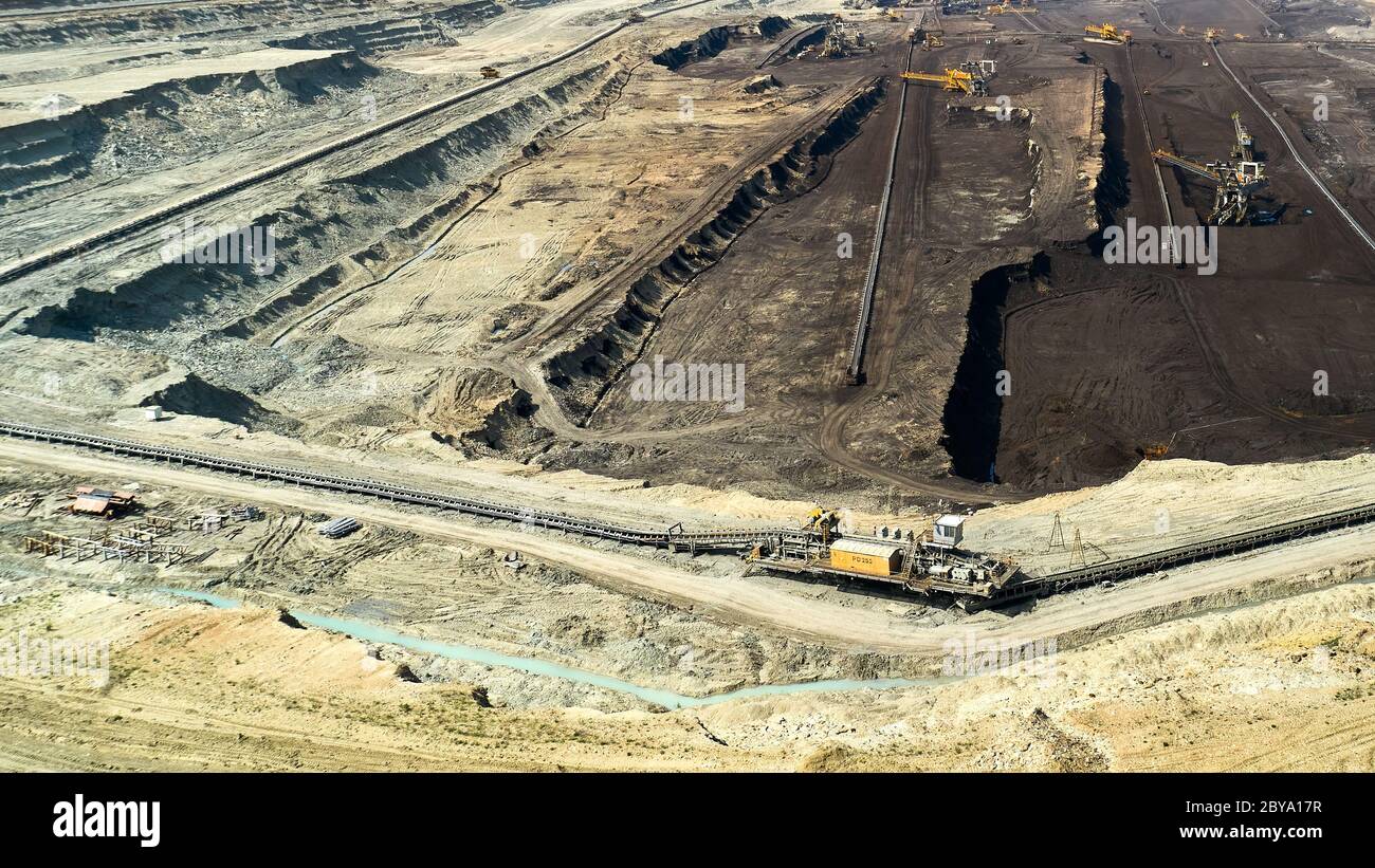 Panoramic view of a quarry with huge machine, bucket wheel excavator ...
