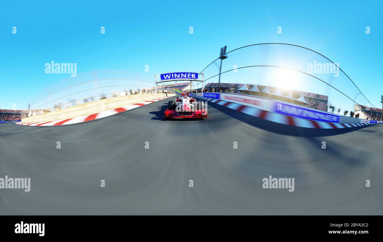360 degrees, spherical video. Race car. Very fast driving 3d rendering ...