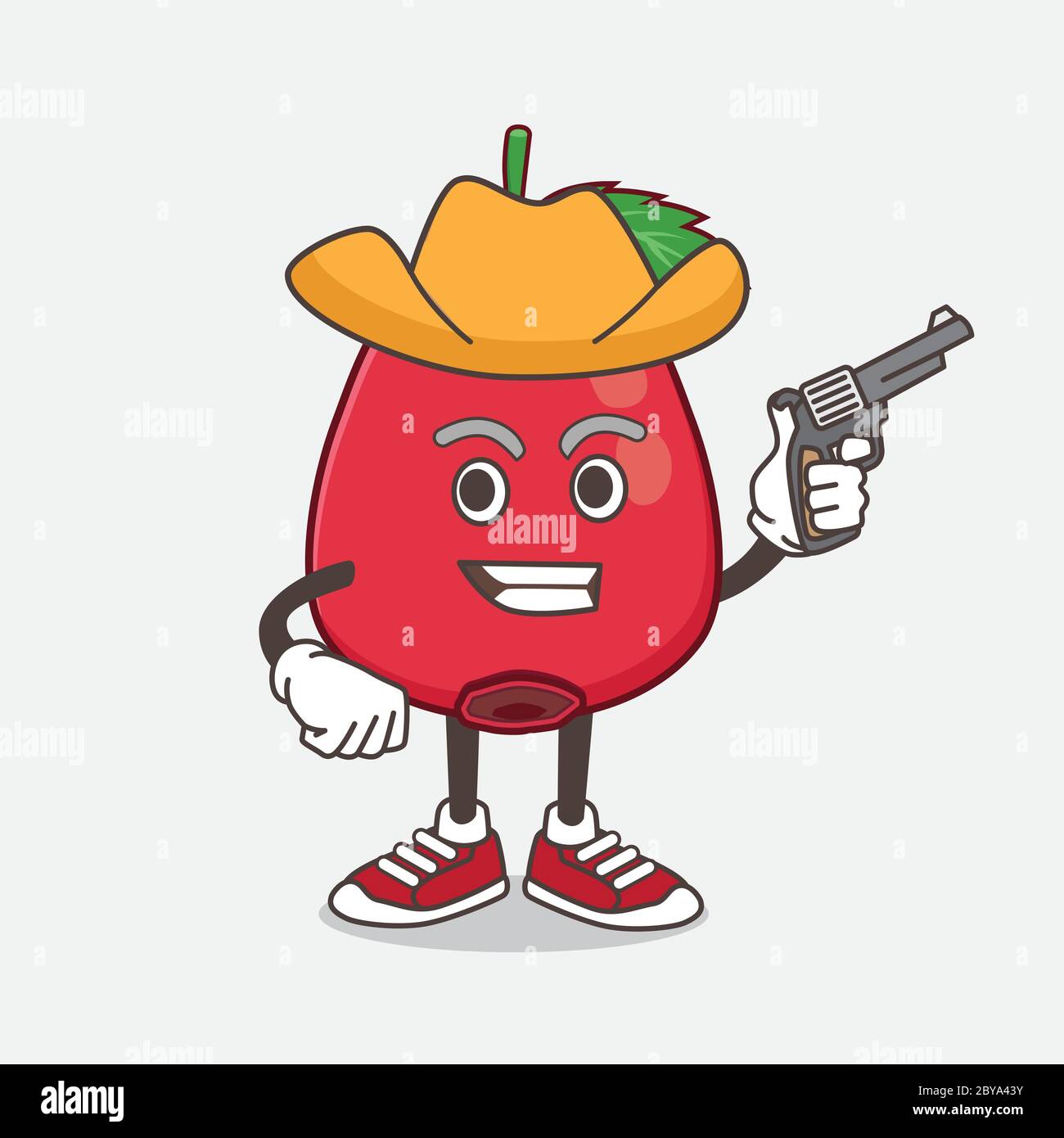An illustration of Rose Hip Fruit cartoon mascot character holding gun ...