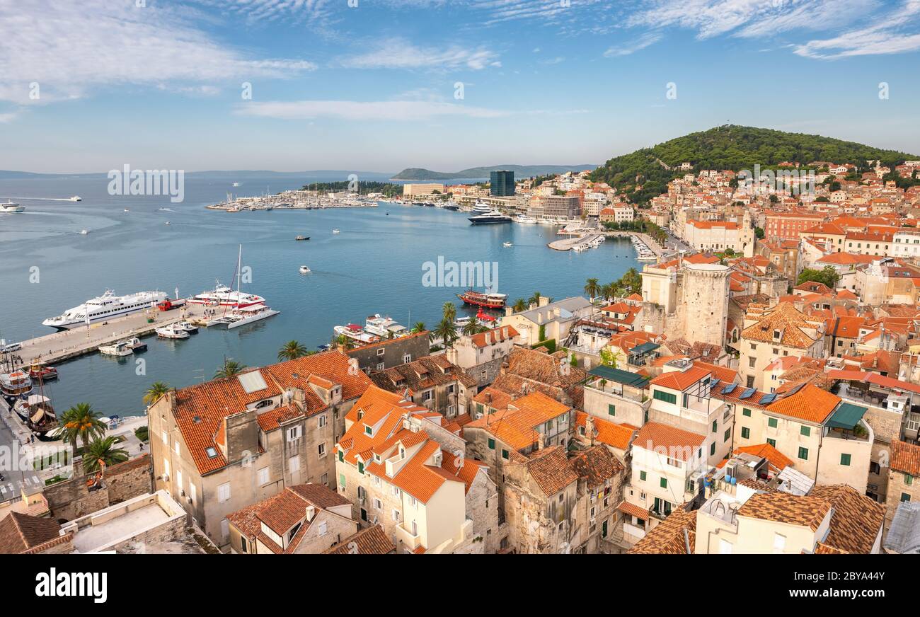 Split waterfront panoramic aerial view, Dalmatia, Croatia Stock Photo ...