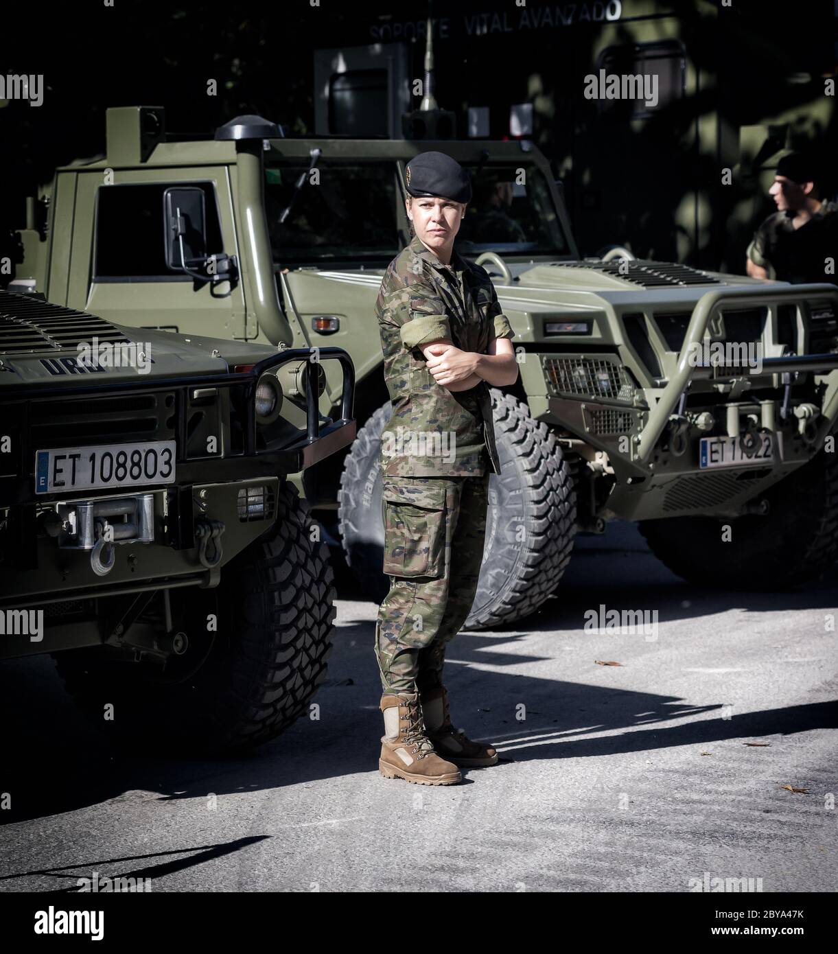 Woman spanish soldier in service of control during Armed Forces Day in ...