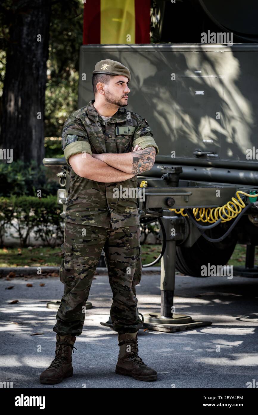 Portrait of Spanish soldier in service of control during Armed Forces ...