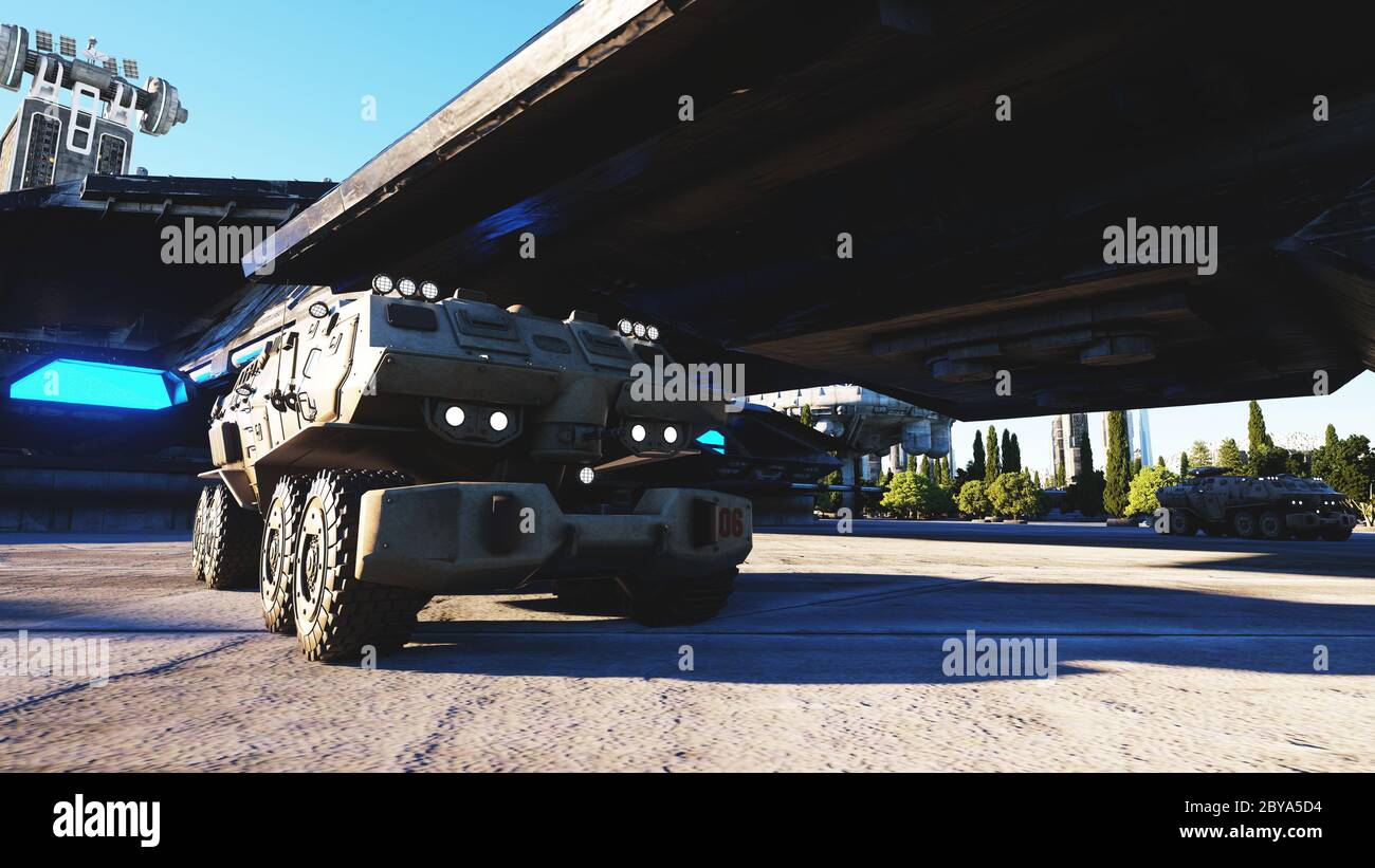 sci fi machine, vechicle in a futuristic city, town. The concept of the ...