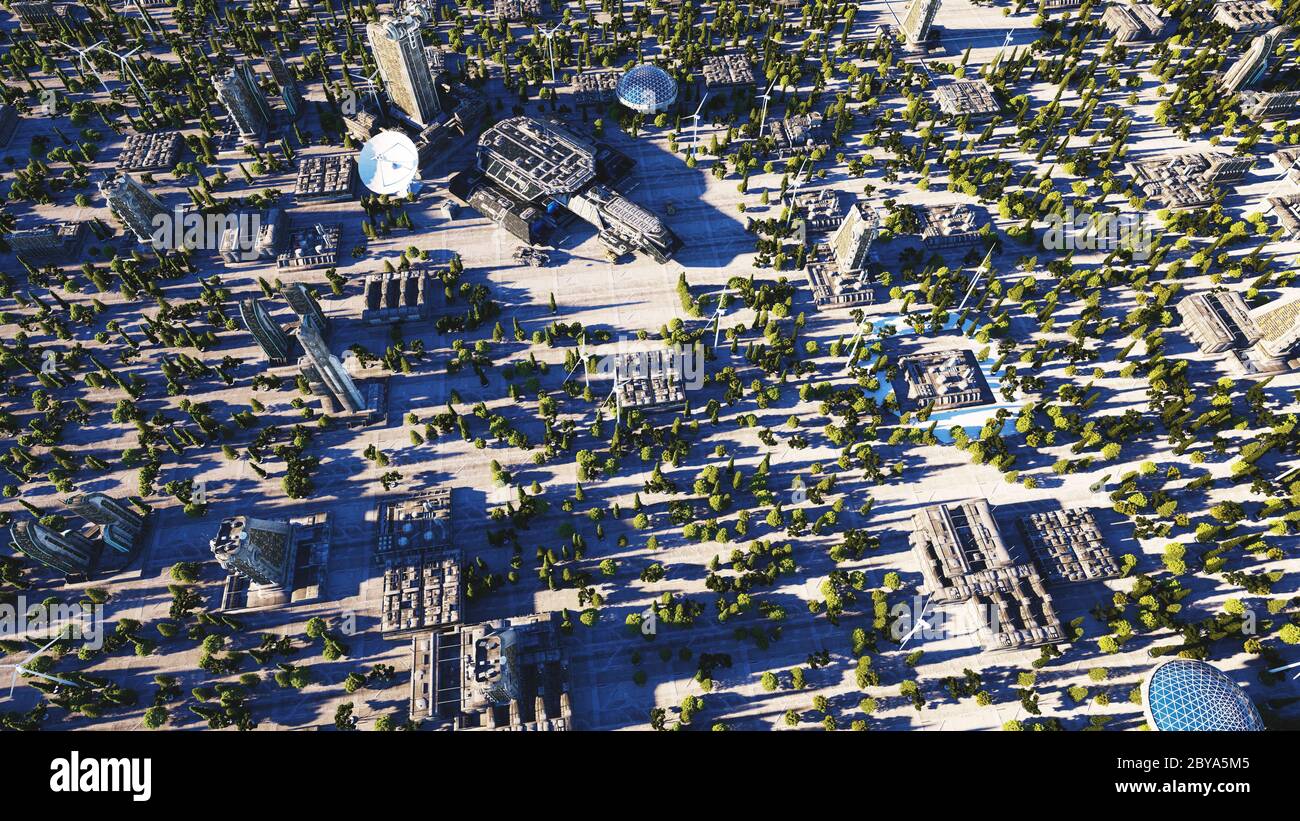 futuristic city, town. Architecture of the future. Aerial view. 3d ...