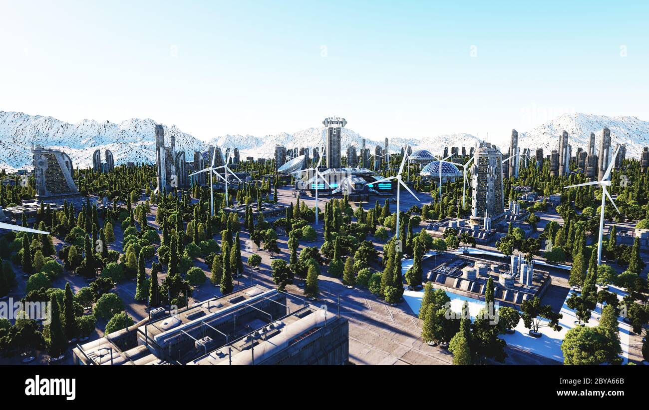 futuristic city, town. Architecture of the future. Aerial view. 3d ...