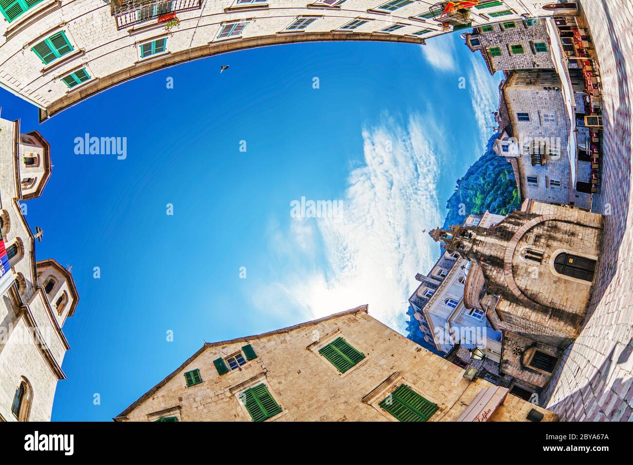 Fish-eye view of the old city on sky background Stock Photo - Alamy