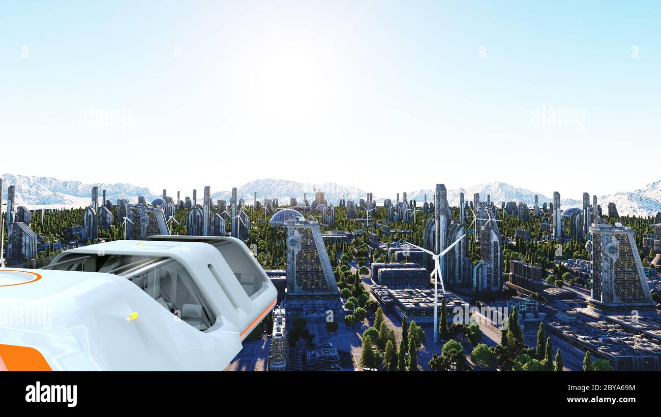 futuristic passenger bus flying over the city, town. Transport of the ...