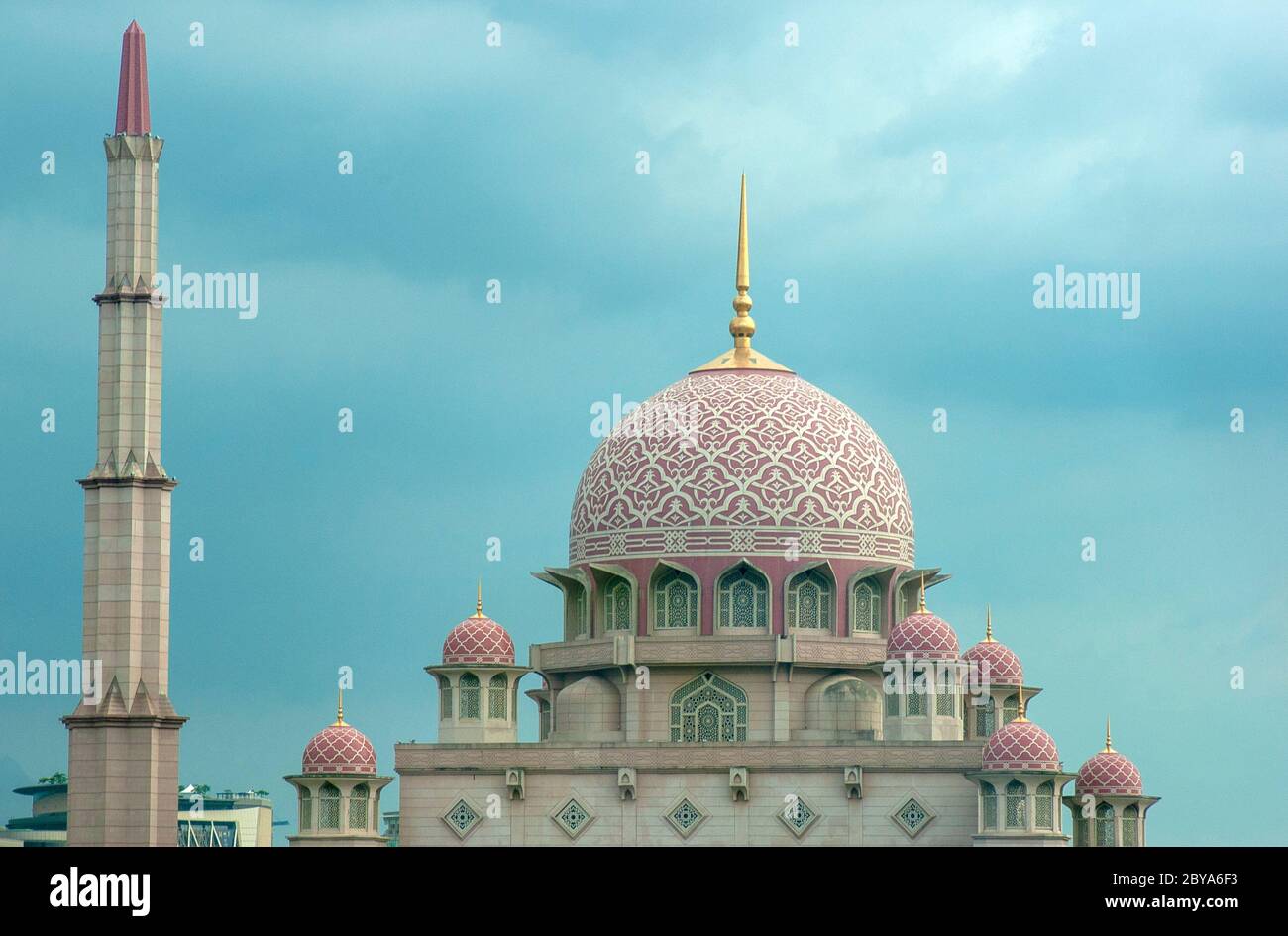 The decorated dome and minarets of the Masjid Putra, the Putra Mosque ...