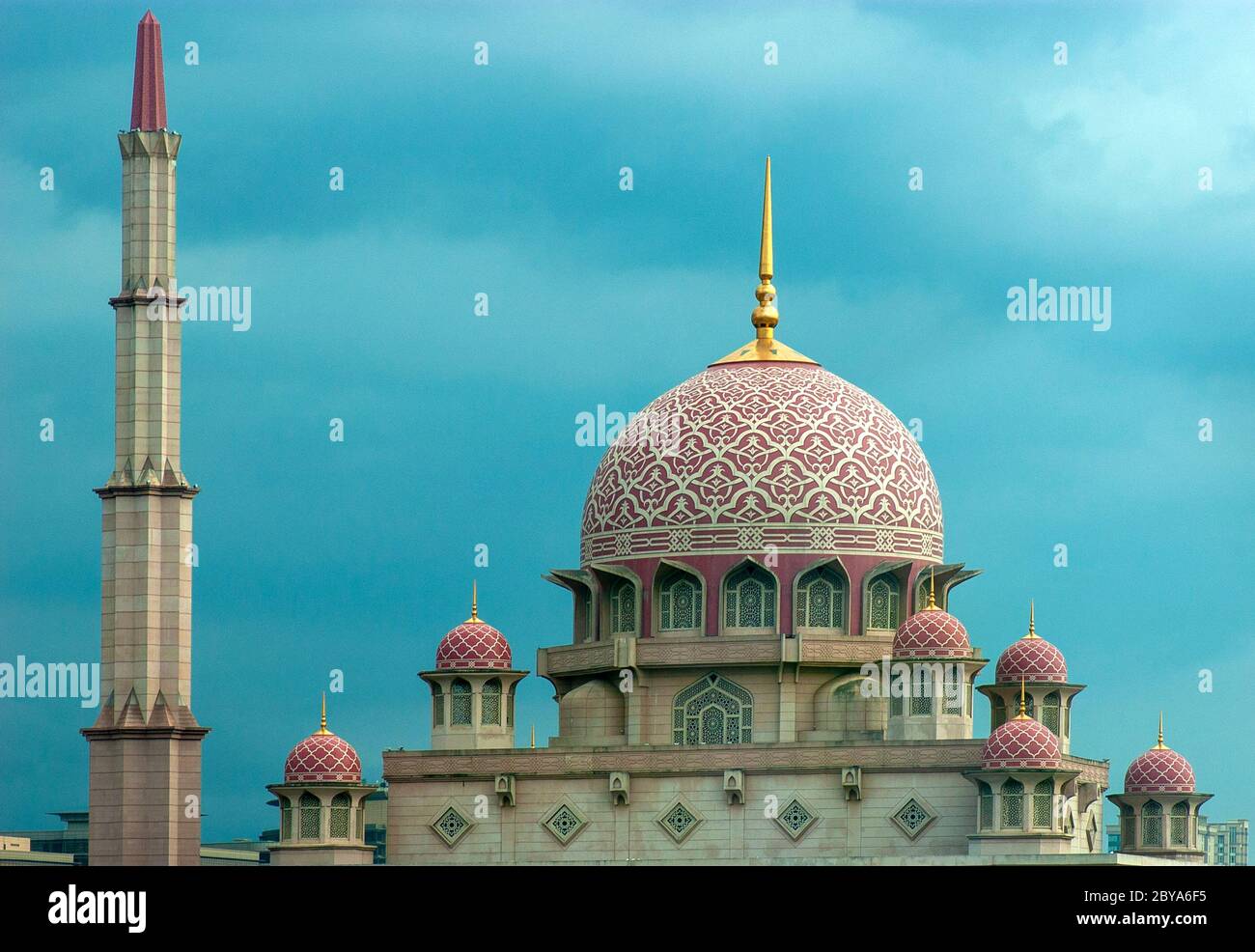 The decorated dome and minarets of the Masjid Putra, the Putra Mosque ...