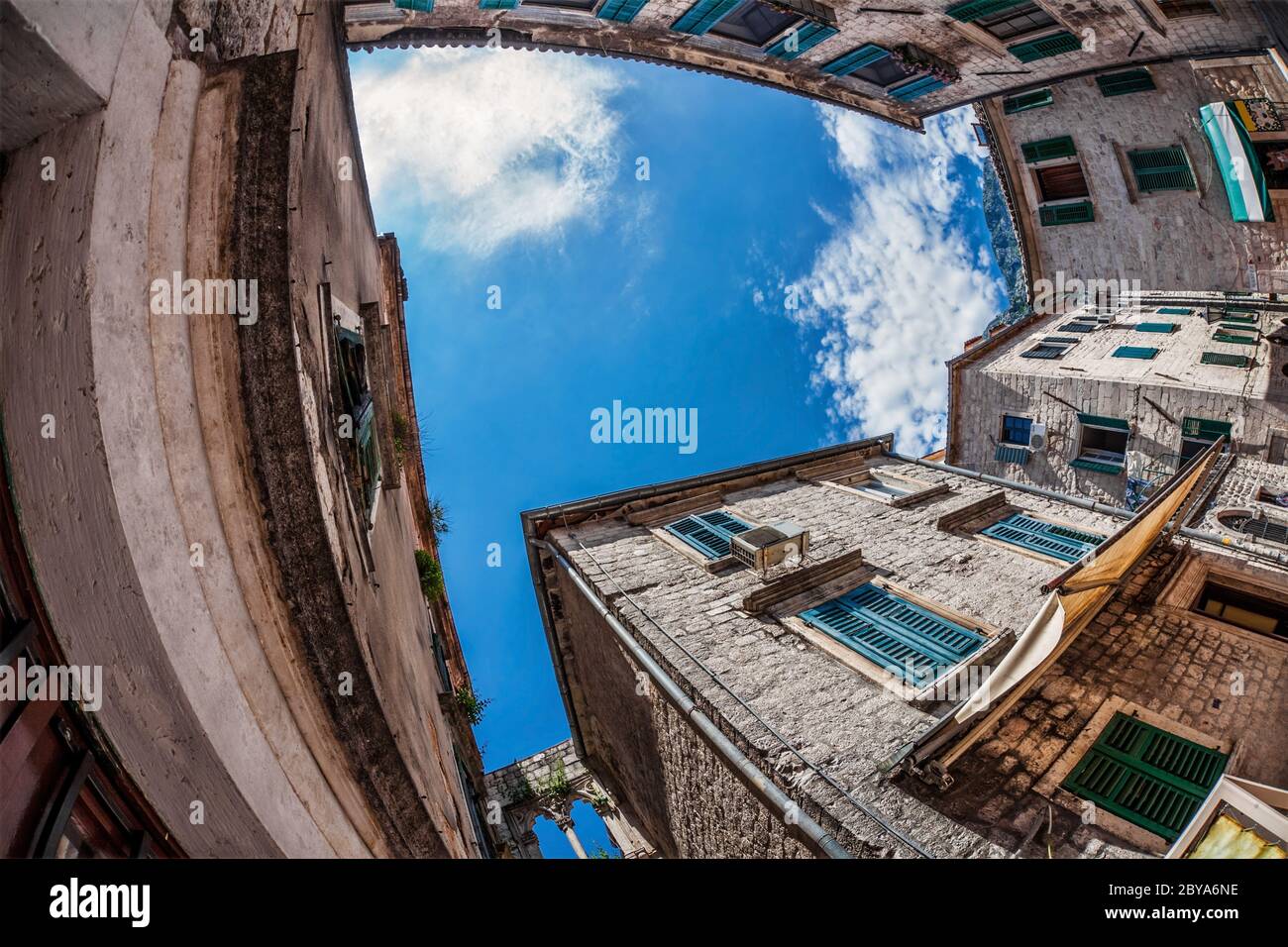Fish-eye view of the old city on sky background Stock Photo - Alamy