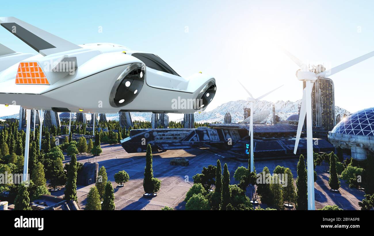 futuristic car flying over the city, town. Transport of the future ...