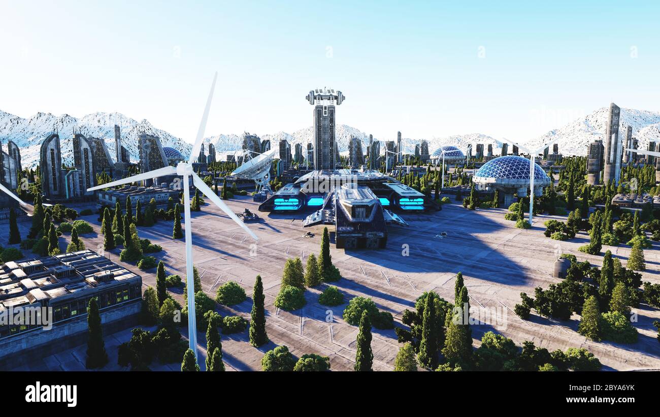 futuristic city, town. Architecture of the future. Aerial view. 3d ...