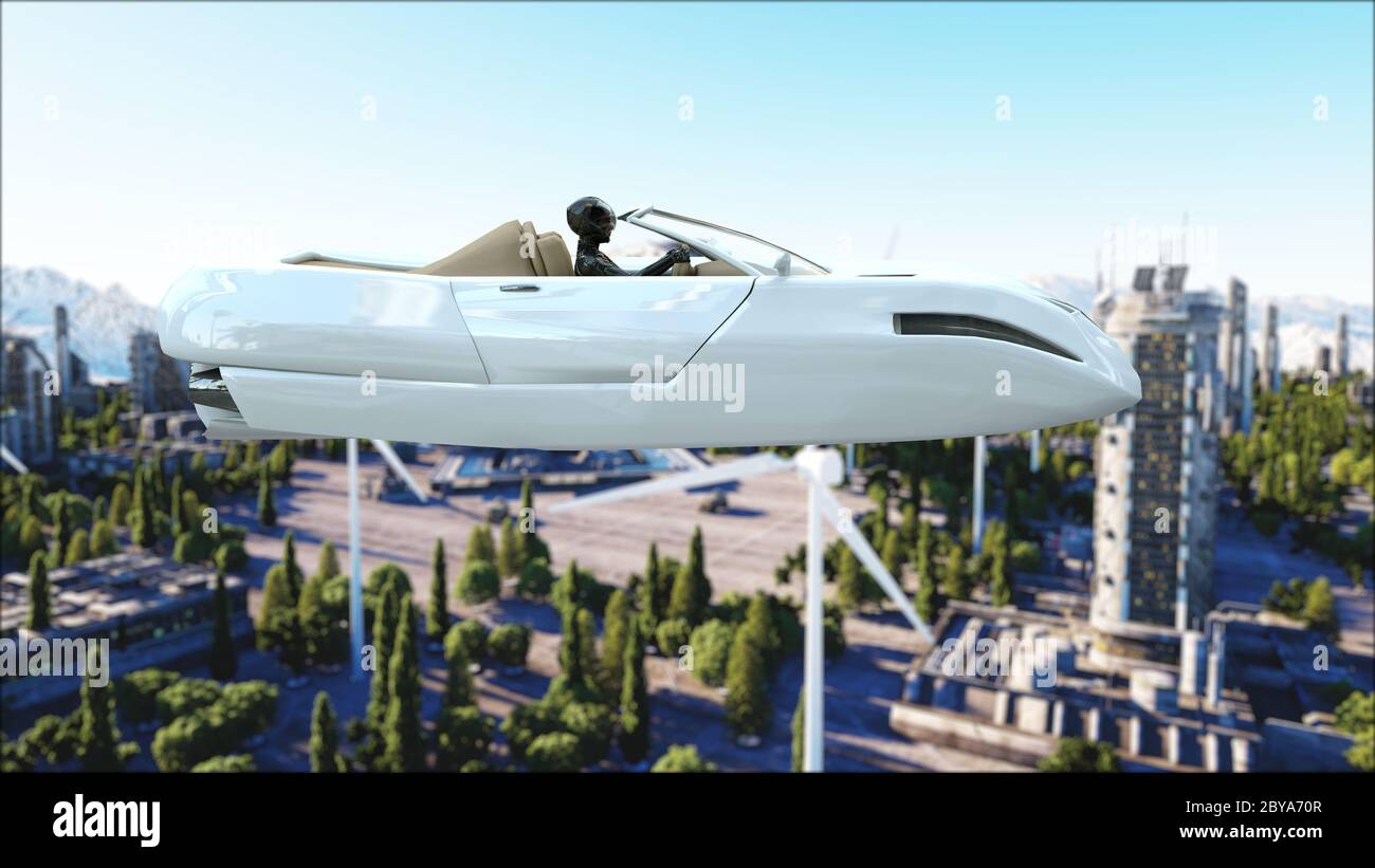 futuristic car flying over the city, town. Transport of the future ...