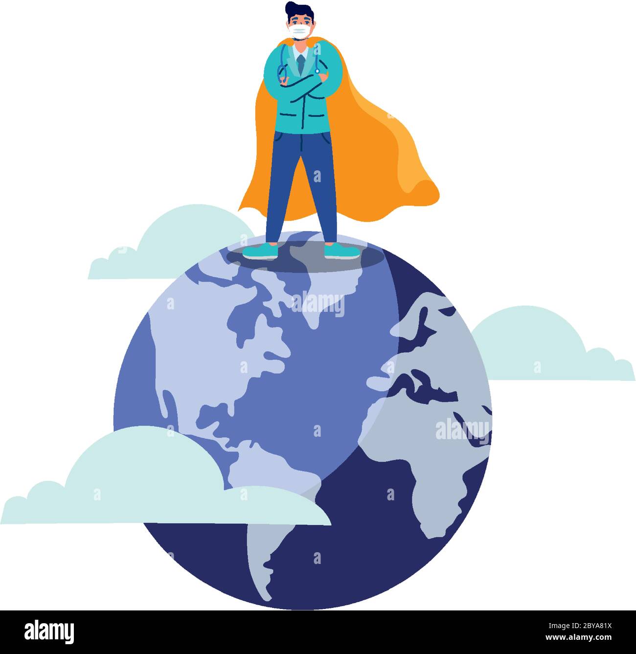 heroic doctor wearing medical mask in earth planet vector illustration ...
