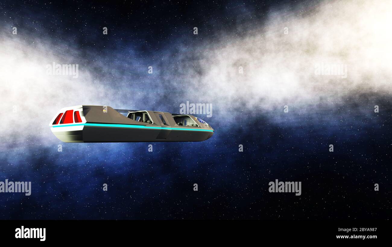 futuristic passenger bus flying in space. Transport of the future. 3d ...