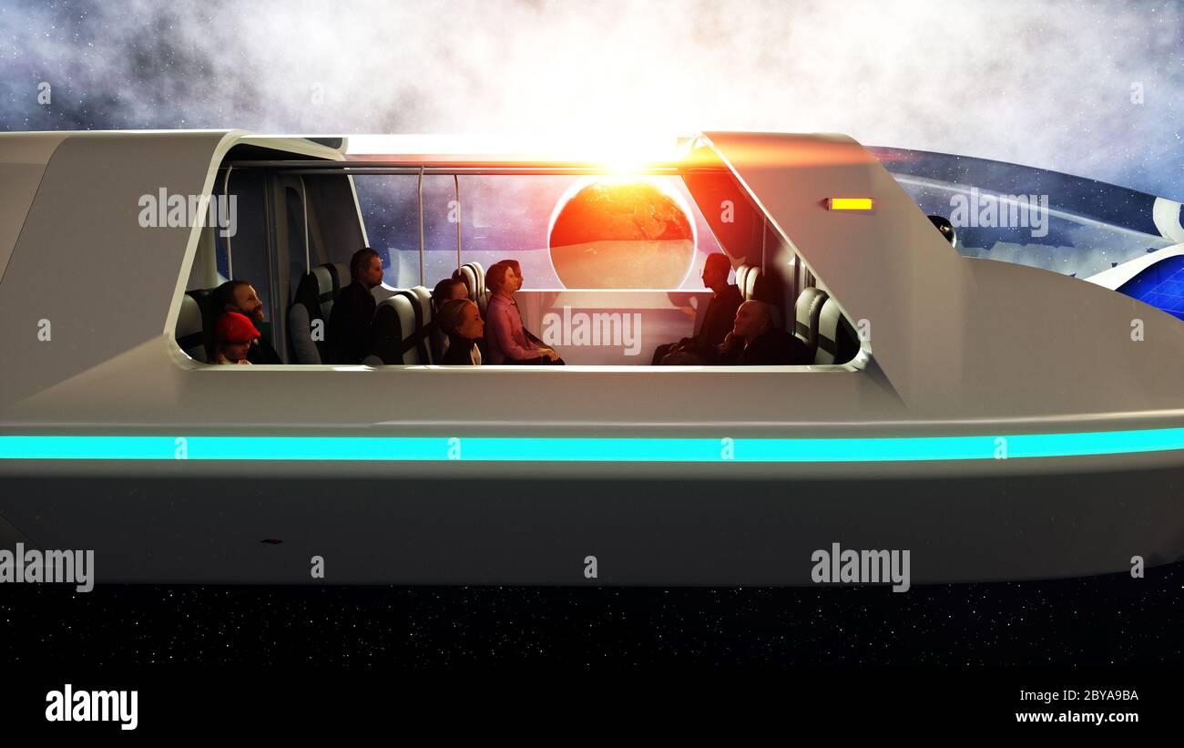 futuristic passenger bus flying in space. Transport of the future. 3d ...