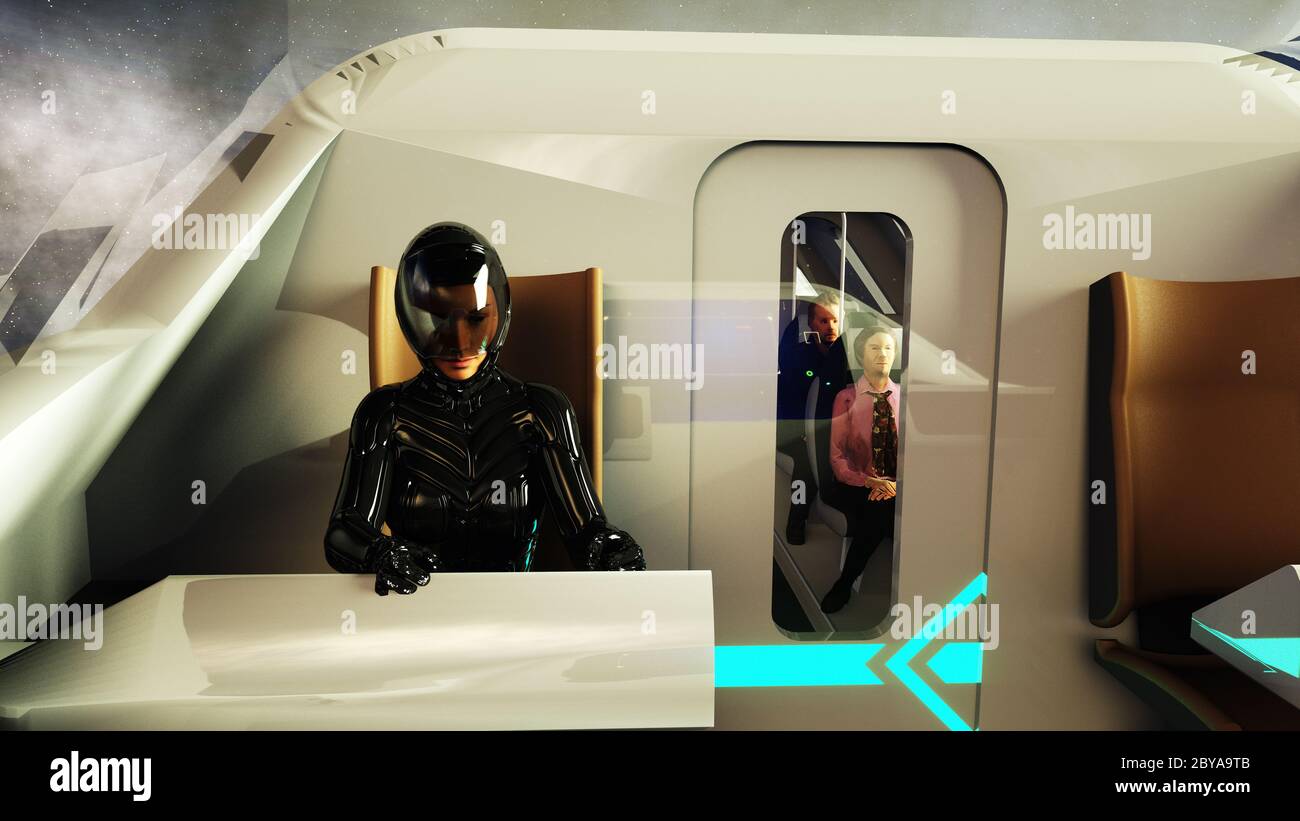 futuristic passenger bus flying in space. Transport of the future. 3d ...