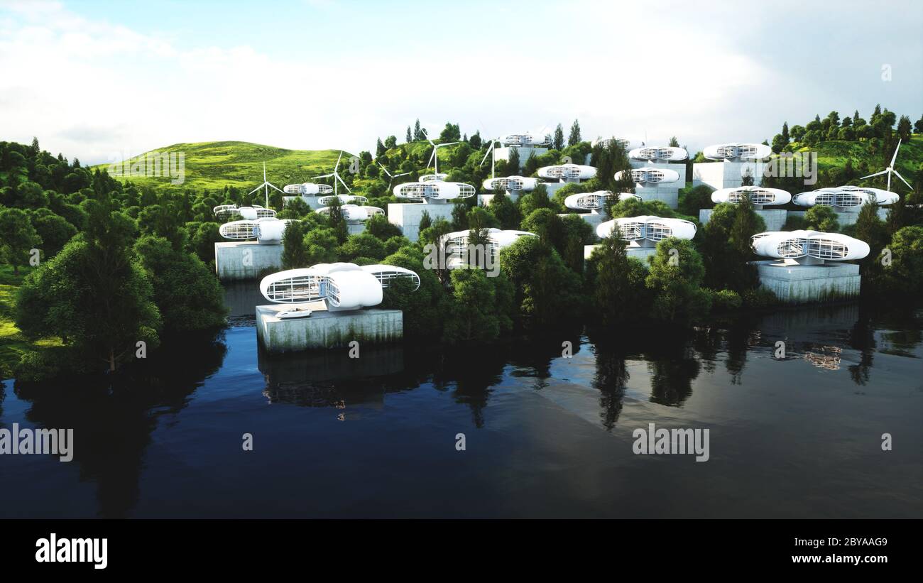 futuristic city, village. The concept of the future. Aerial view. 3d ...