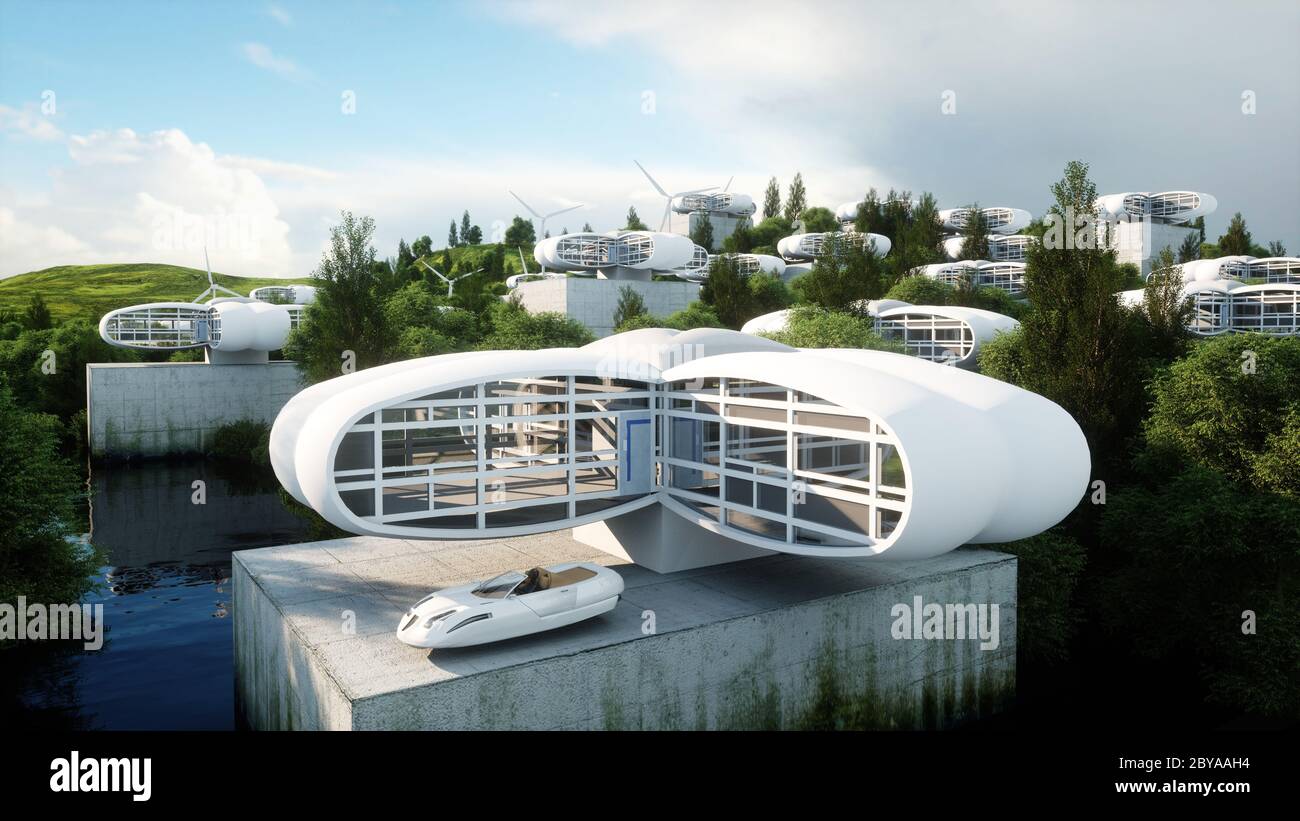 futuristic city, village. The concept of the future. Aerial view. 3d ...