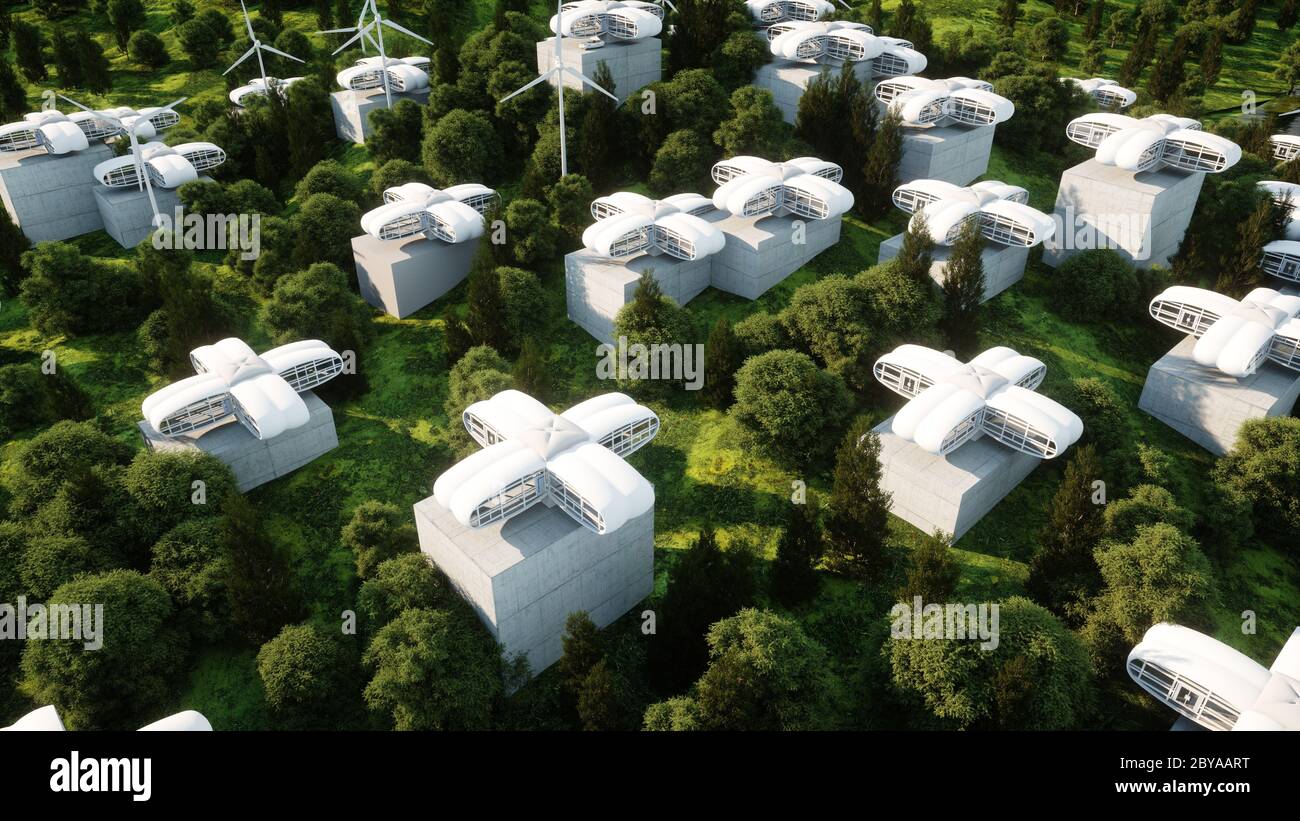 futuristic city, village. The concept of the future. Aerial view. 3d ...