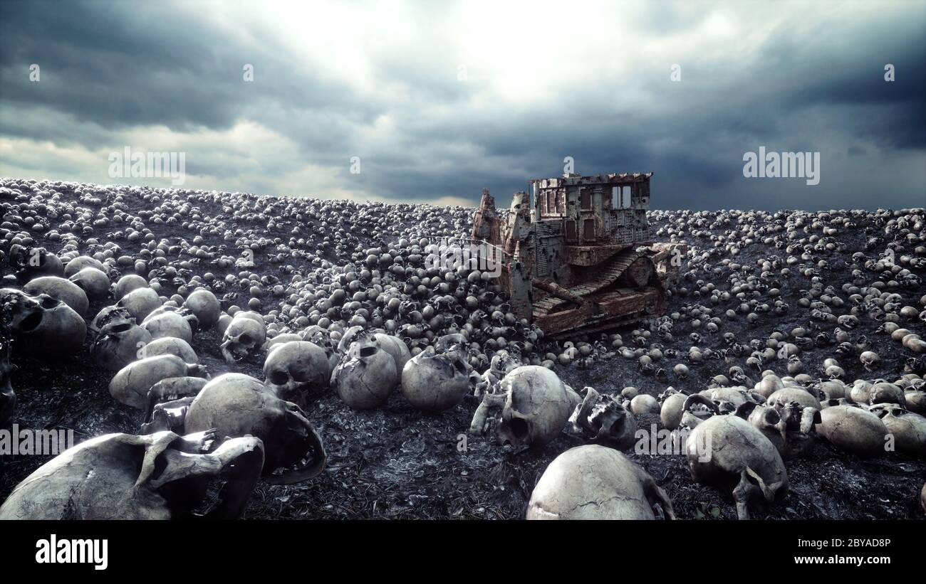 Old bulldozer and pile of skulls. Apocalypse and hell concept. 3d ...