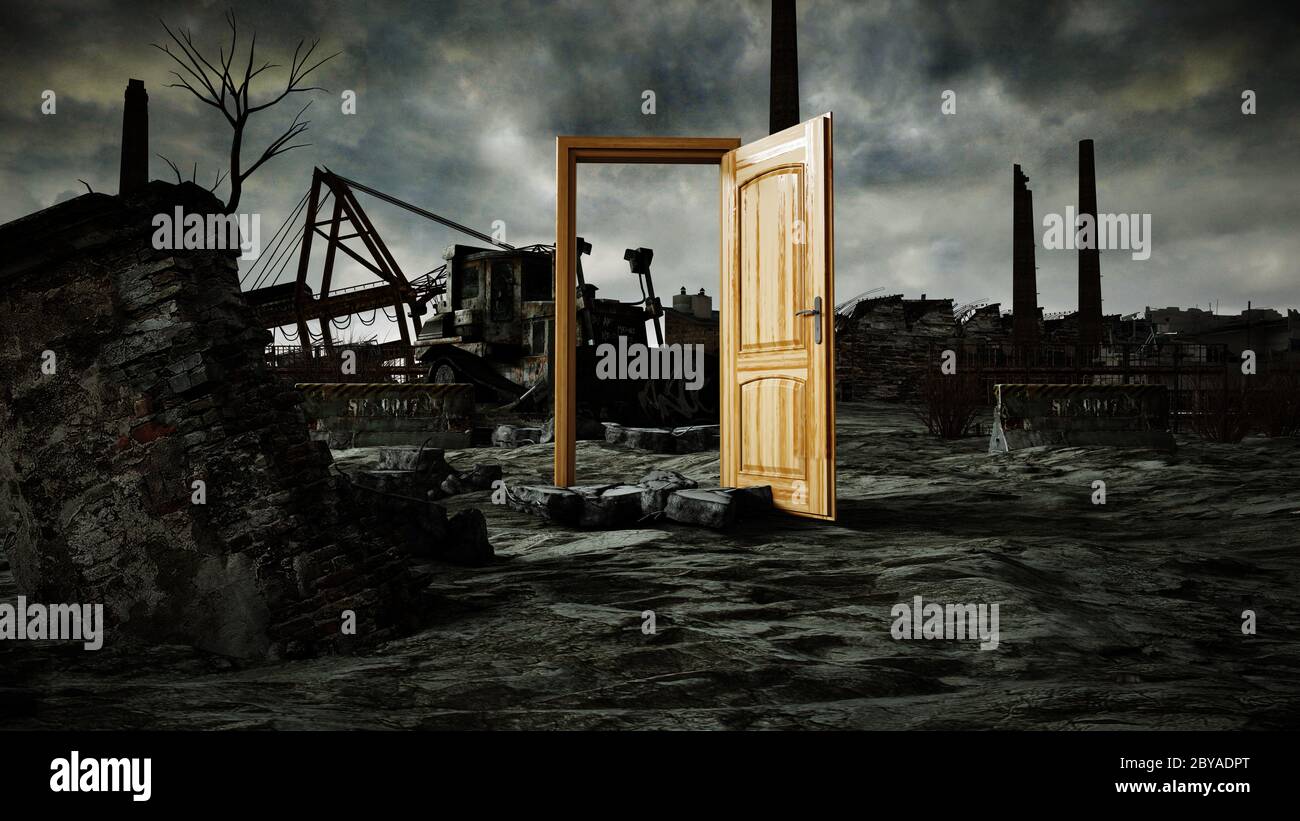 opened door. A portal in ecological catastrophe, apocalypse. 3d ...