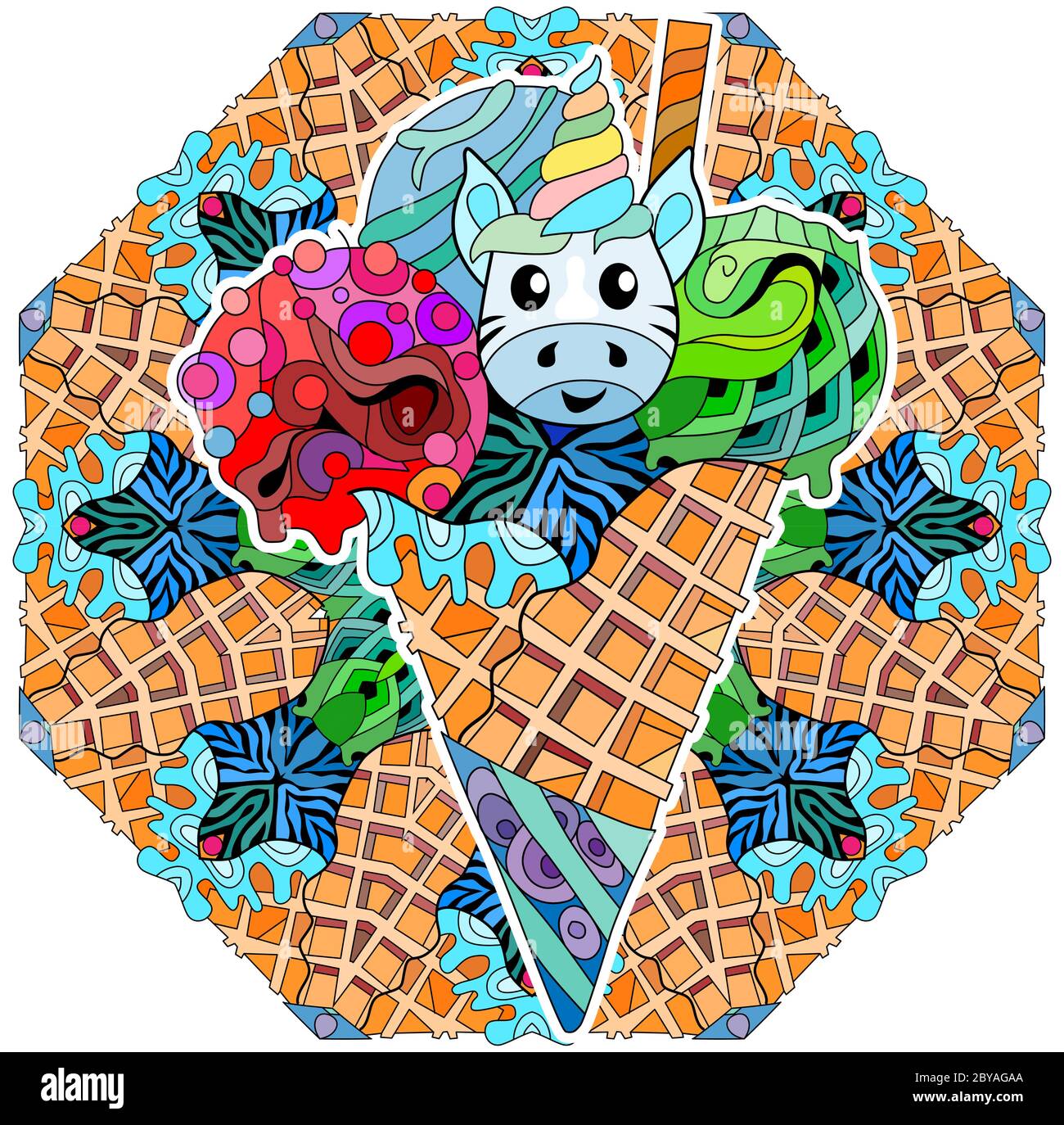 Hand drawn colorful zentangle ice cream with unicorn head illustration ...