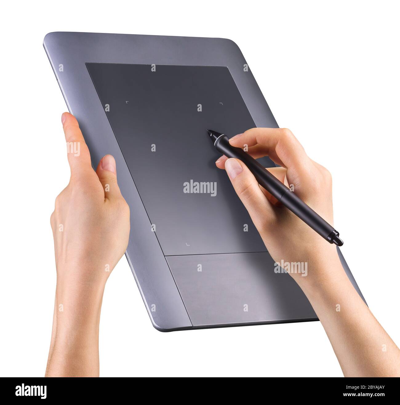 Hand holding digital graphic pen and drawing graphic tablet isolated on ...