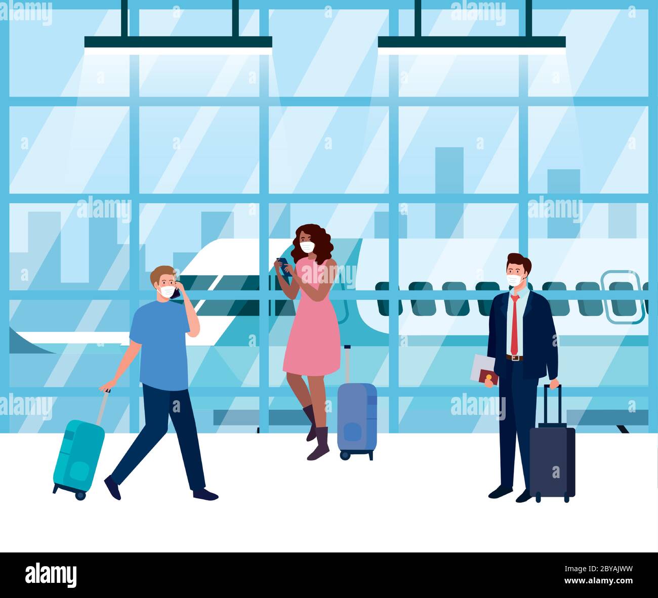 people wearing medical protection mask in airport terminal, traveling ...