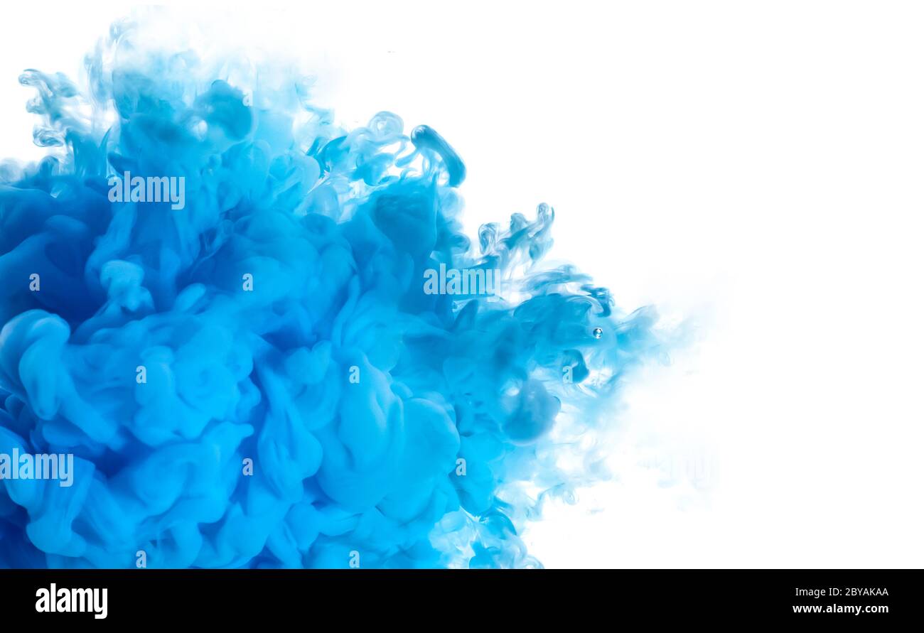 Color explosion. Closeup blue acrylic ink in water isolated on white ...