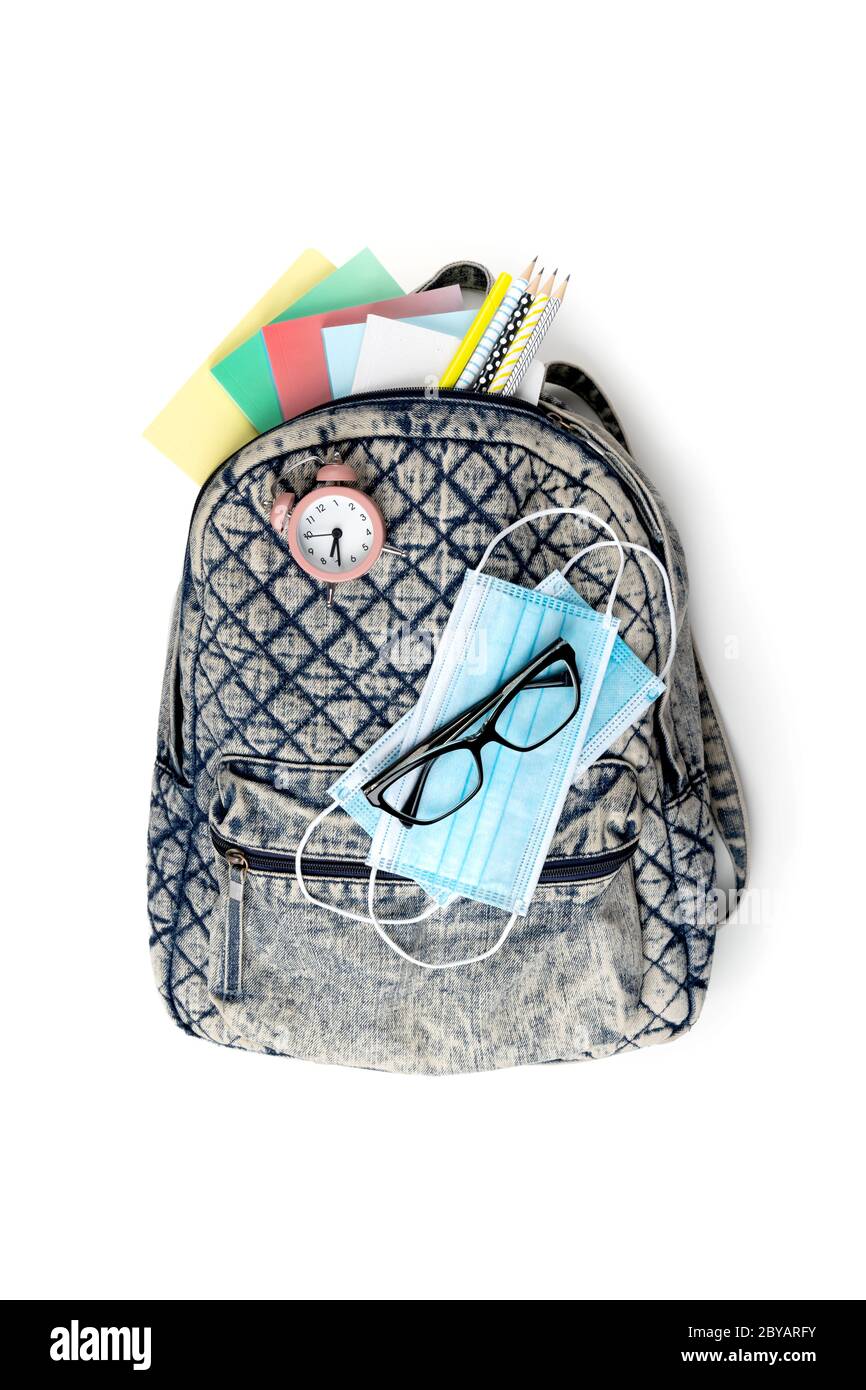 Flat lay top view backpack with different colorful stationery Stock ...