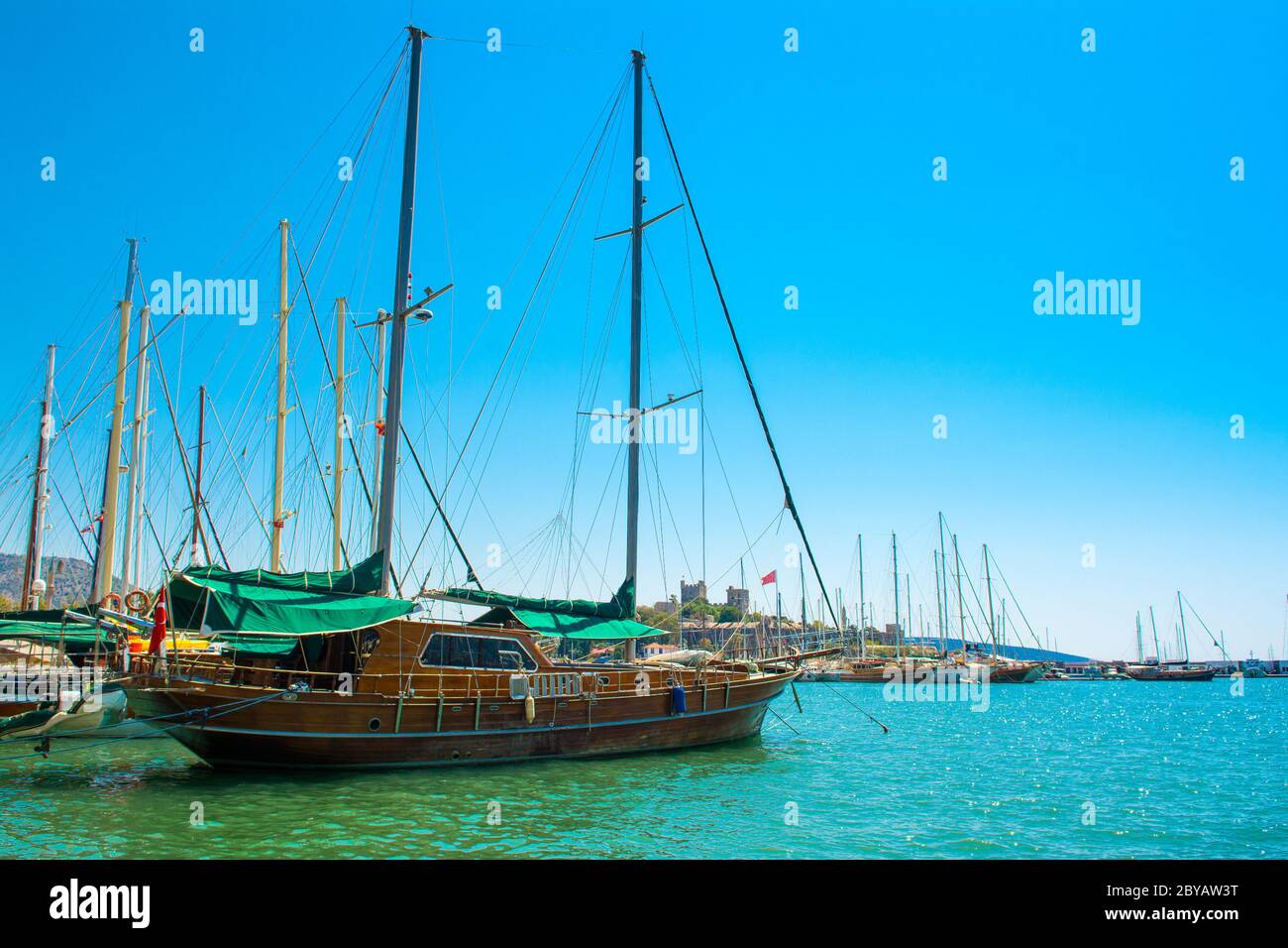 Bodrum, Turkey - 6 September 2017: Wooden traditional boats, powerboats ...