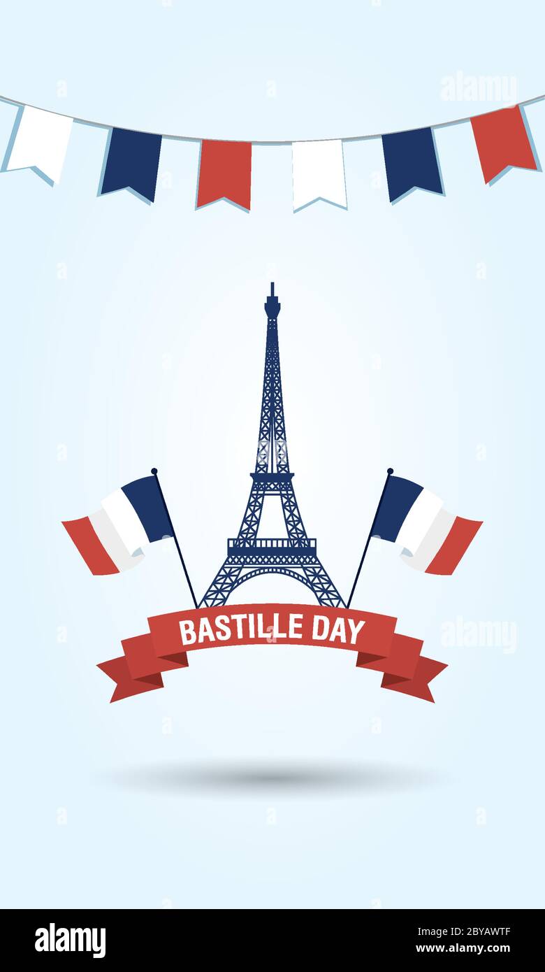 bastille day celebration card with eiffel tower and france flags vector ...