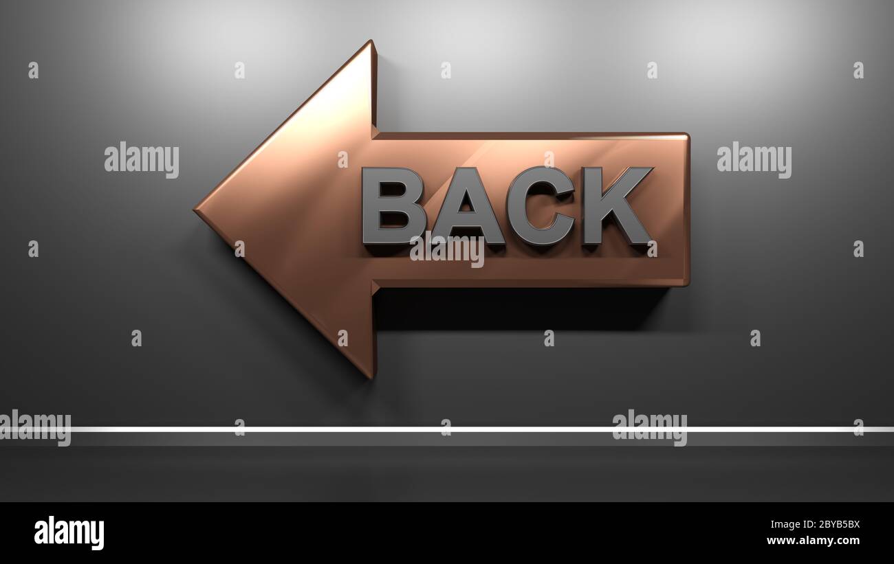 Copper arrow BACK on black wall - 3D rendering illustration Stock Photo ...