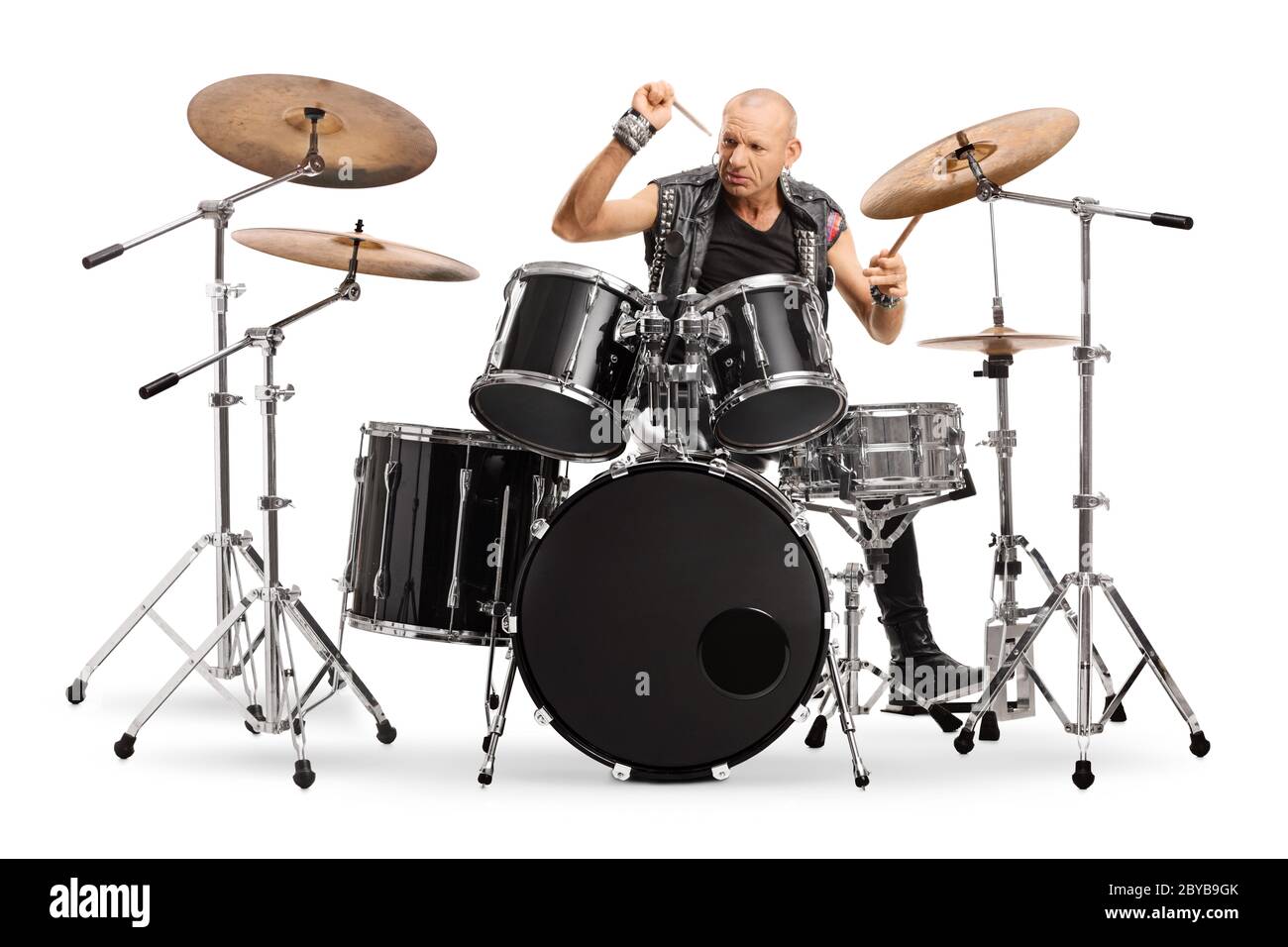 Bald man punkrocker playing a drums isolated on white background Stock ...