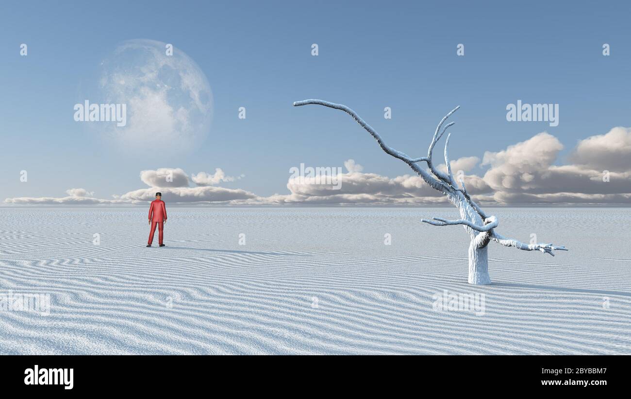 Red Clothed Figure Stands in Empty Desolate Desert Stock Photo - Alamy