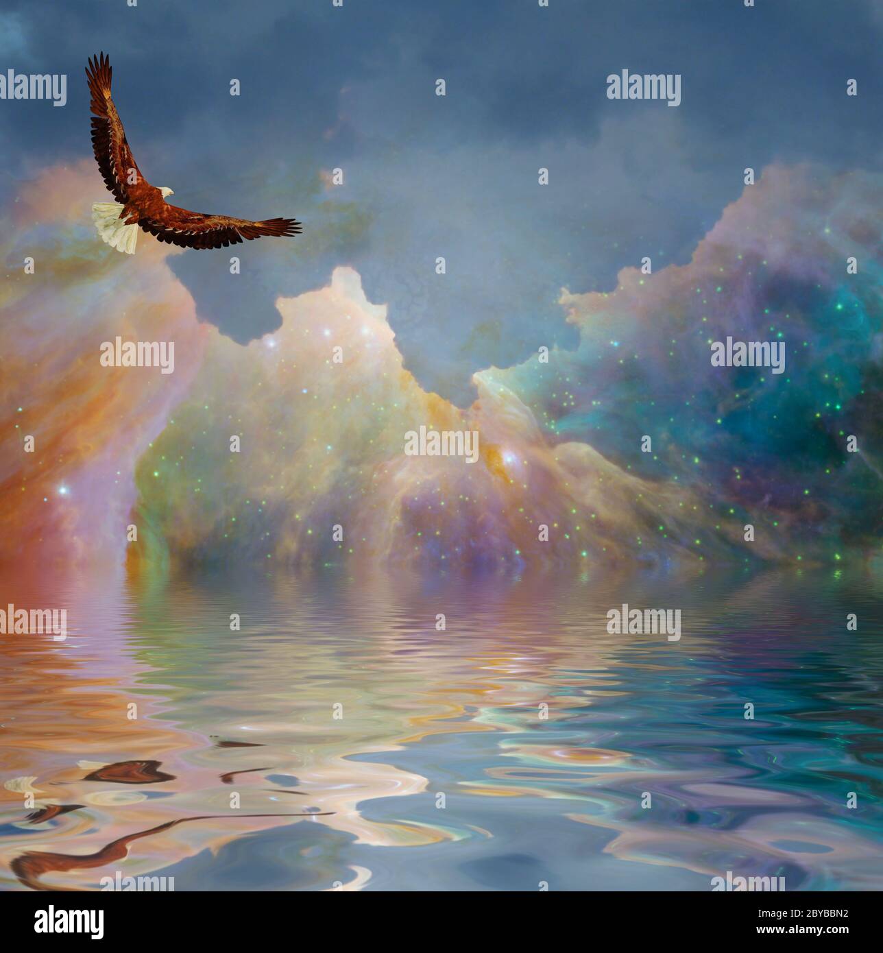Eagle in flight over water with starry sky. Majestic Freedom Stock ...